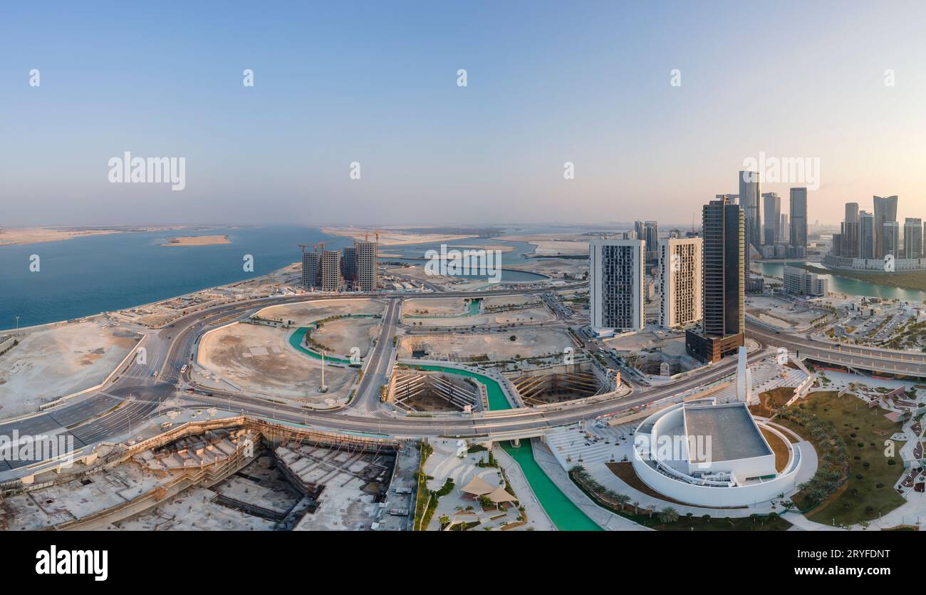 Pre sunset aerial view on developing part of Al Reem island in Abu ...
