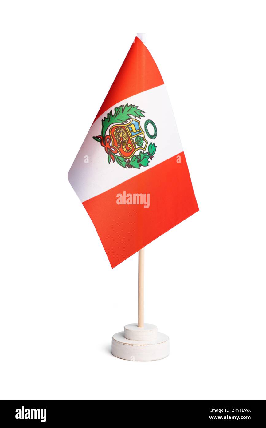 Small table flag of Peru isolated on white background Stock Photo - Alamy