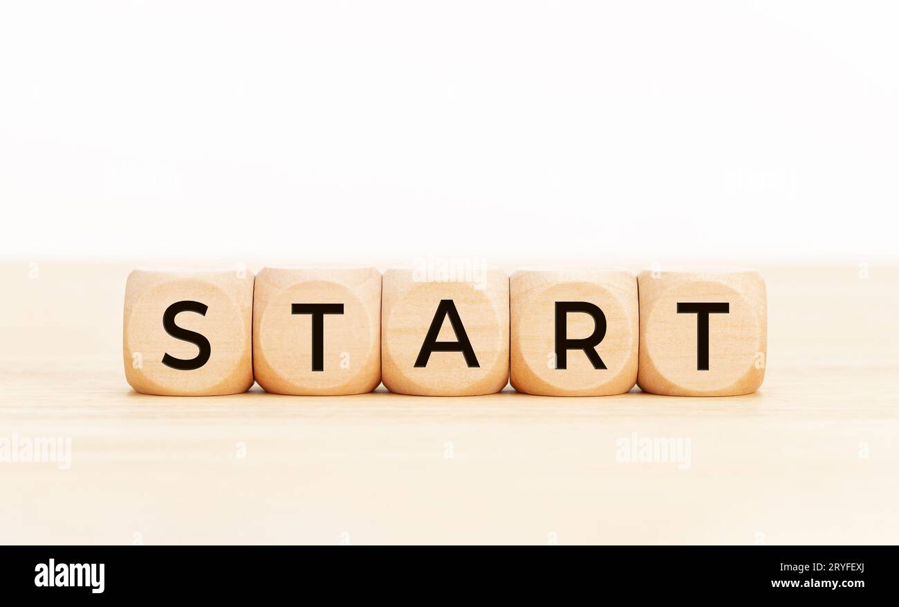 Start word on wooden block shape. Copy space. White background Stock ...