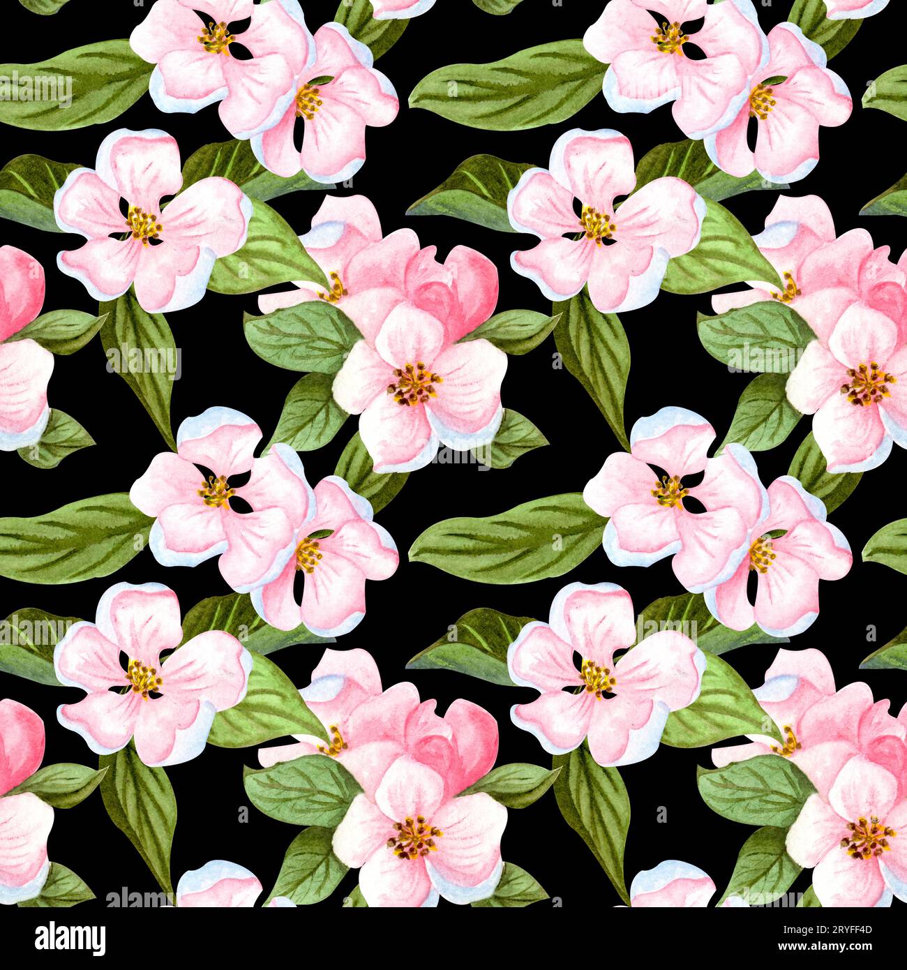 Watercolor seamless pattern of cherry flowers and leaves. Floral ...