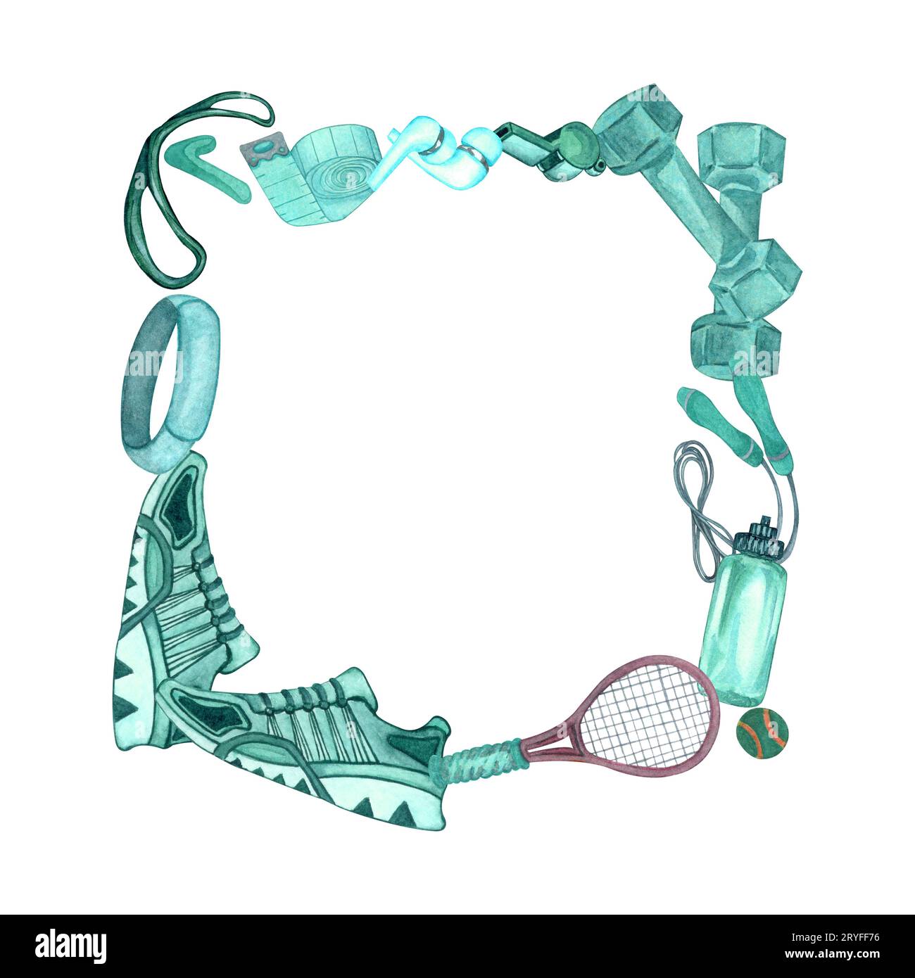 Watercolor set of gym, sport or fitness stuff in blue colors isolated ...