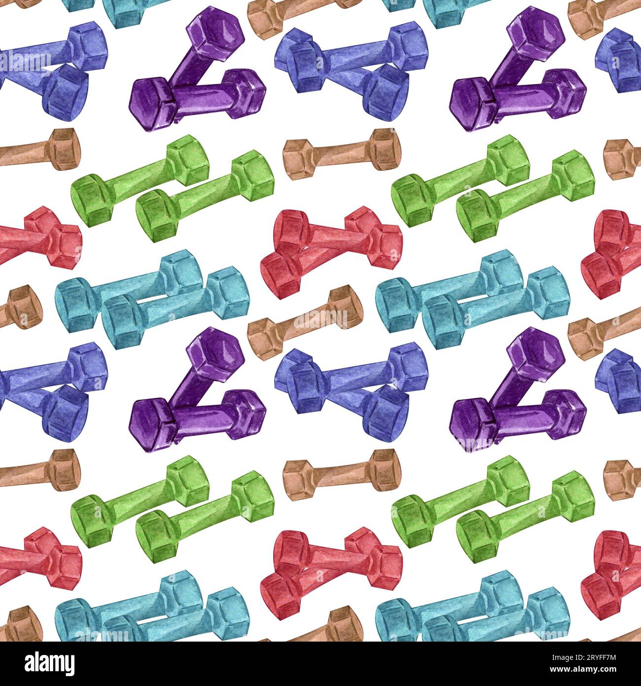 Watercolor seamless pattern of gym, sport or fitness stuff on white ...
