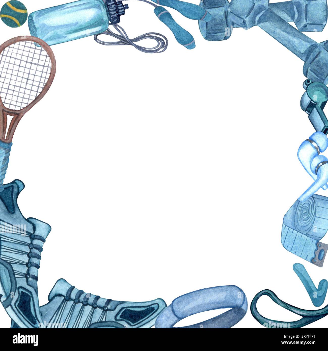 Watercolor set of gym, sport or fitness stuff in blue colors isolated ...