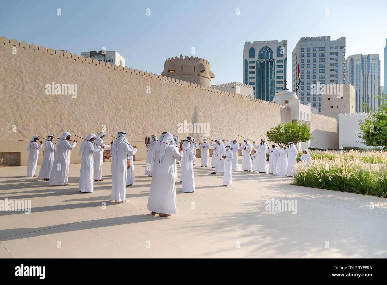 ABU DHABI, UAE - MAY 14, 2021: Traditional Emirati male Al Ayalah dance ...