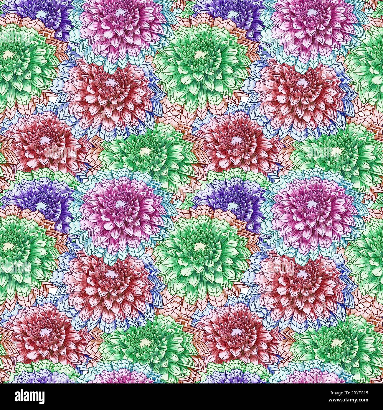 Dahlias seamless pattern. Dahlia fabric background. Big abstract geogin ...