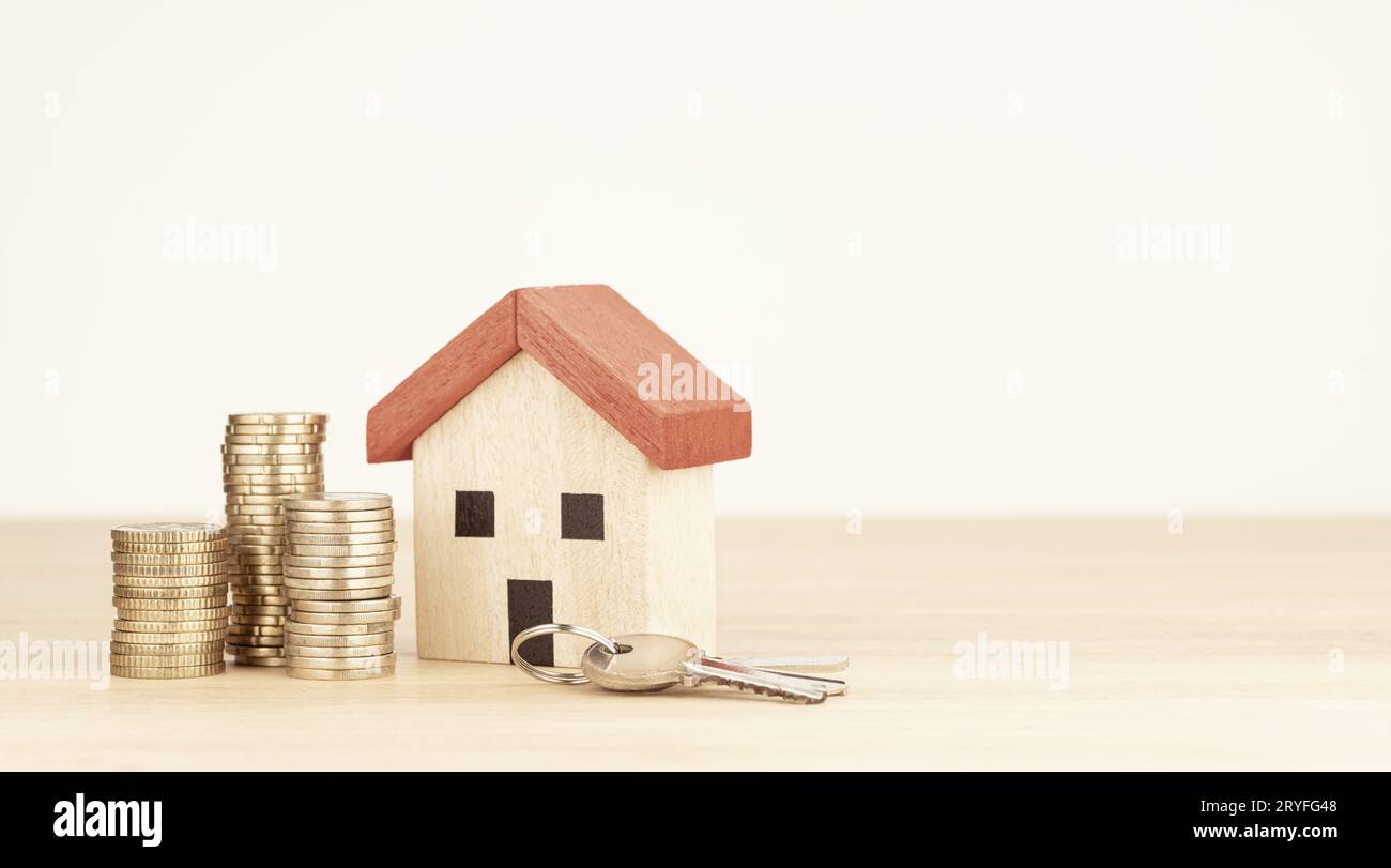 Real estate background. House model, money and keys. Copy space Stock ...