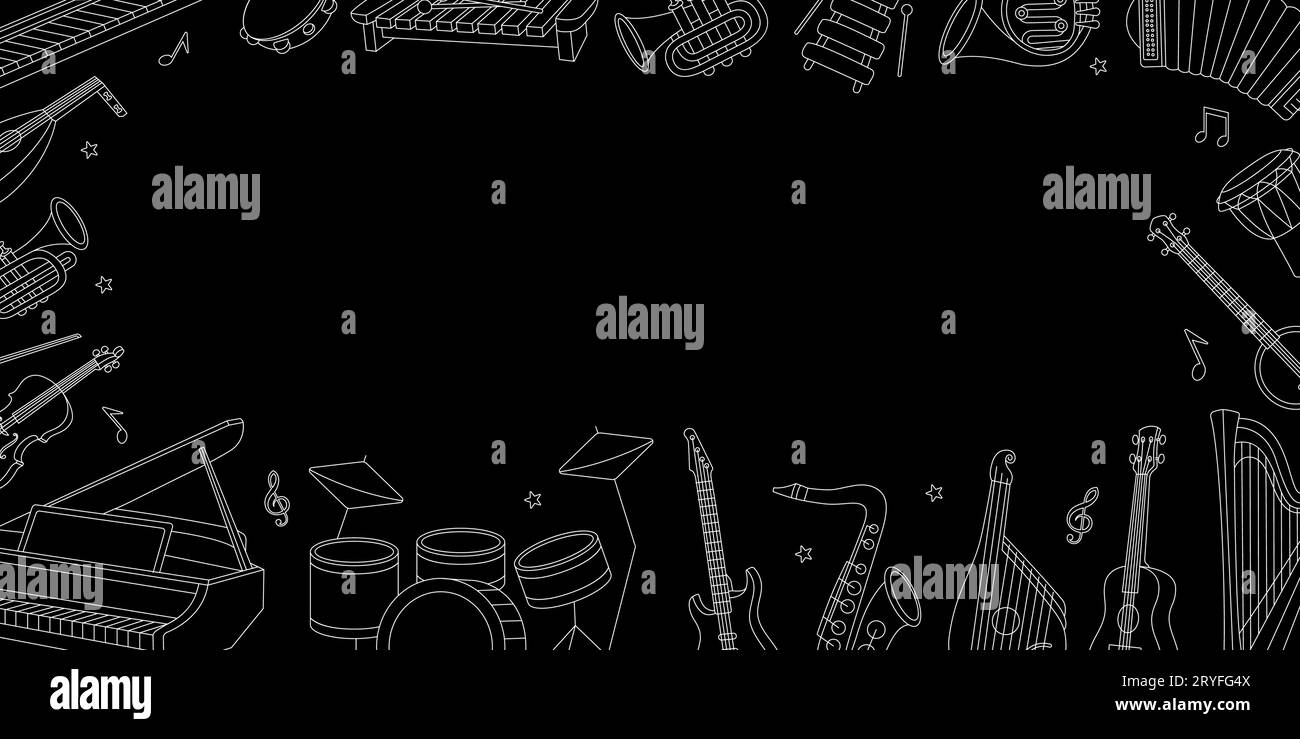 Musical instruments horizontal outline banner. Vector illustration for ...