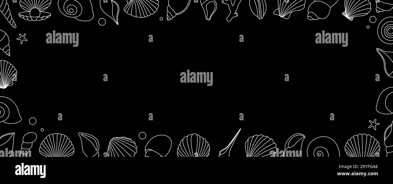 Tropical underwater shells horizontal outline banner. Freshwater algae ...