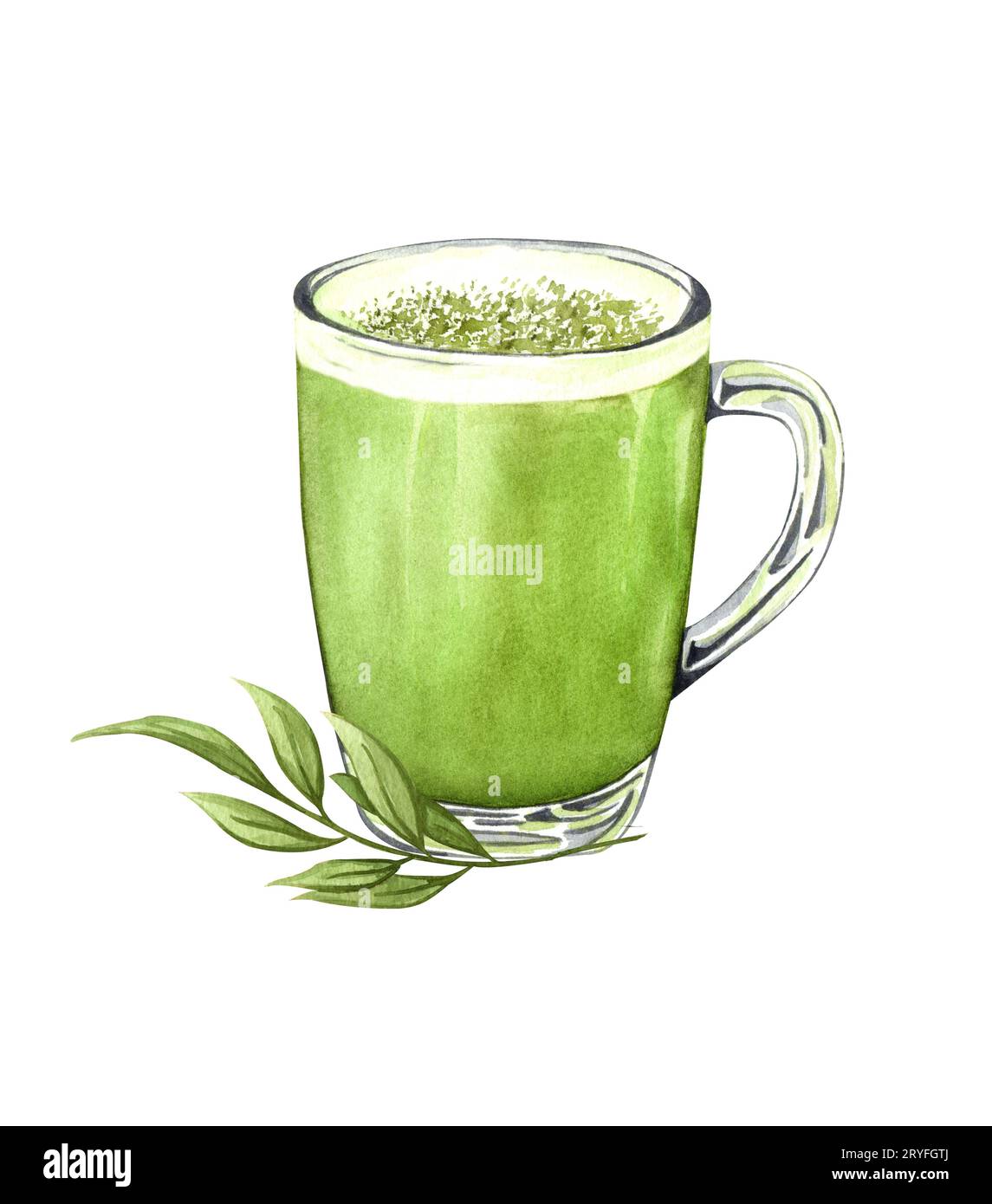 A cup of hot matcha latte in a glass cup on white background ...