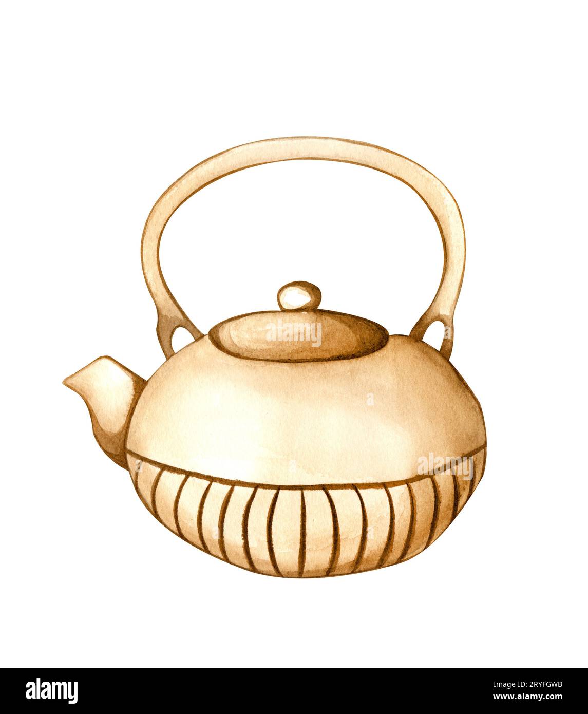 Watercolor ceramic teapot in beige color. Single teapot isolated on ...