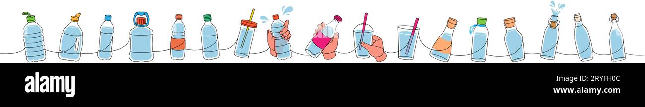 Different types of bottles one line colored continuous drawing. Empty ...
