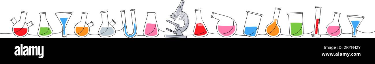 Laboratory glassware one line colored continuous drawing. Conical flask ...