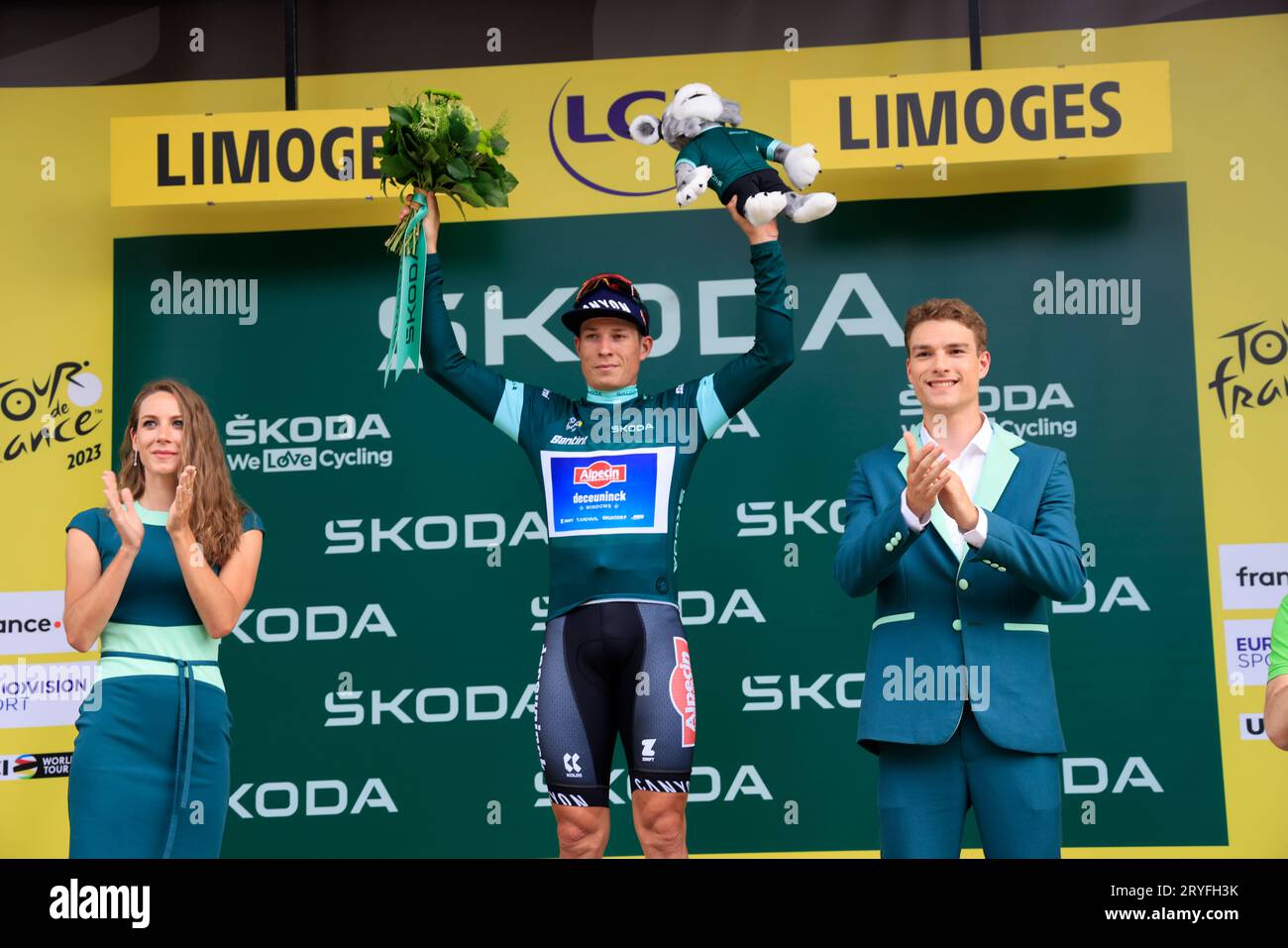 Limoges, France. July 8, 2023. Belgian cyclist Jasper Philipsen of the ...