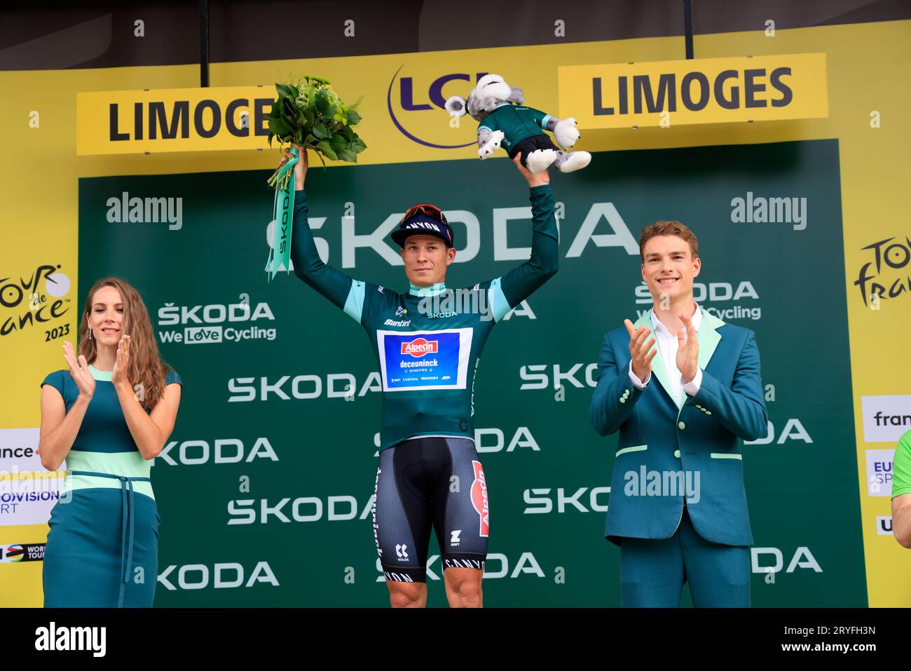 Limoges, France. July 8, 2023. Belgian cyclist Jasper Philipsen of the ...