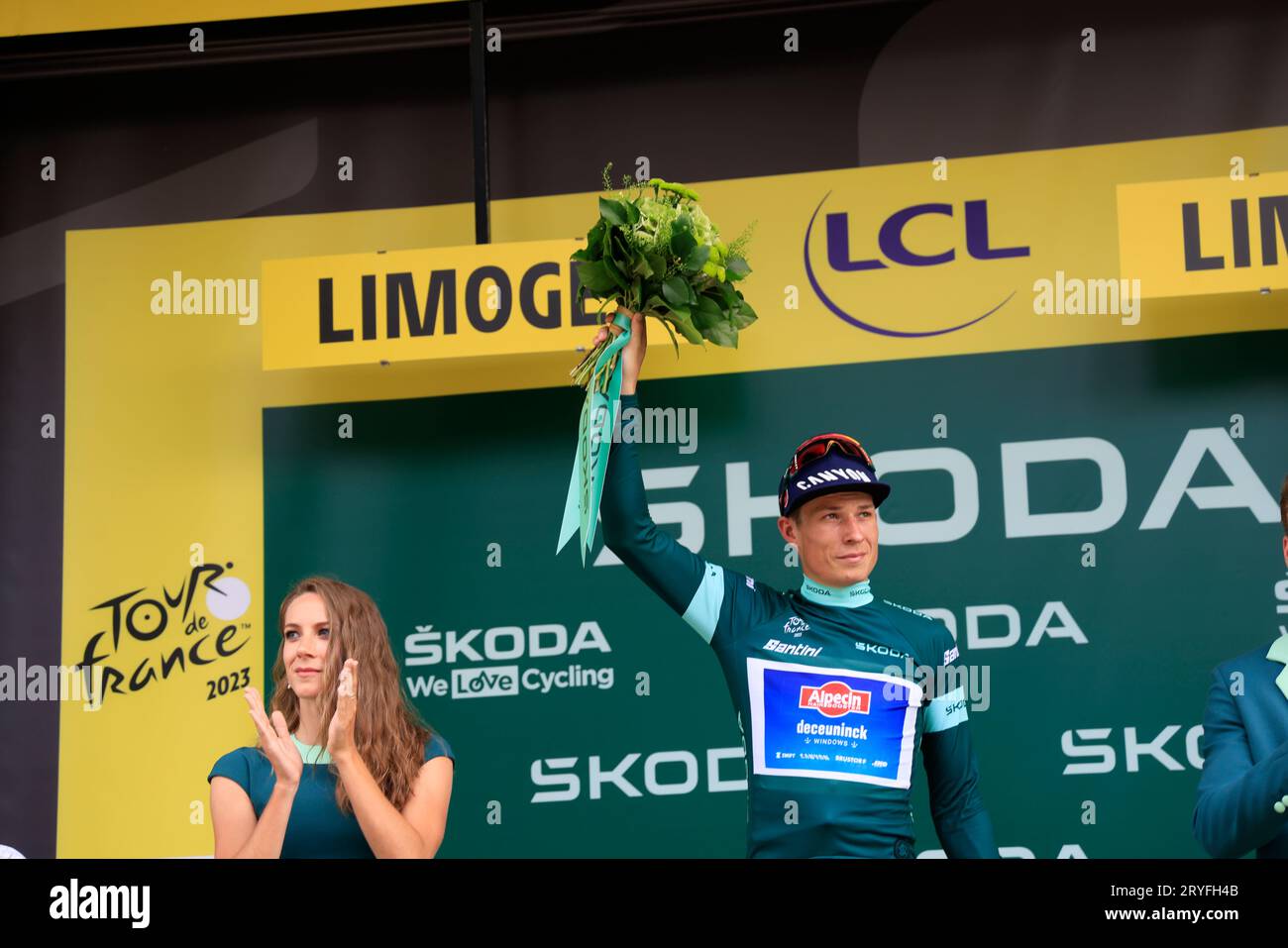 Limoges, France. July 8, 2023. Belgian cyclist Jasper Philipsen of the ...