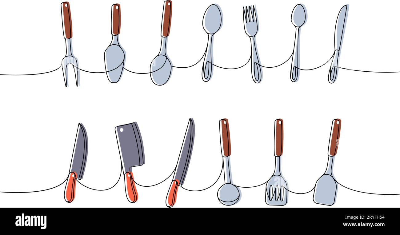 Kitchen utensils one line colored continuous drawing. Kitchen spatula ...