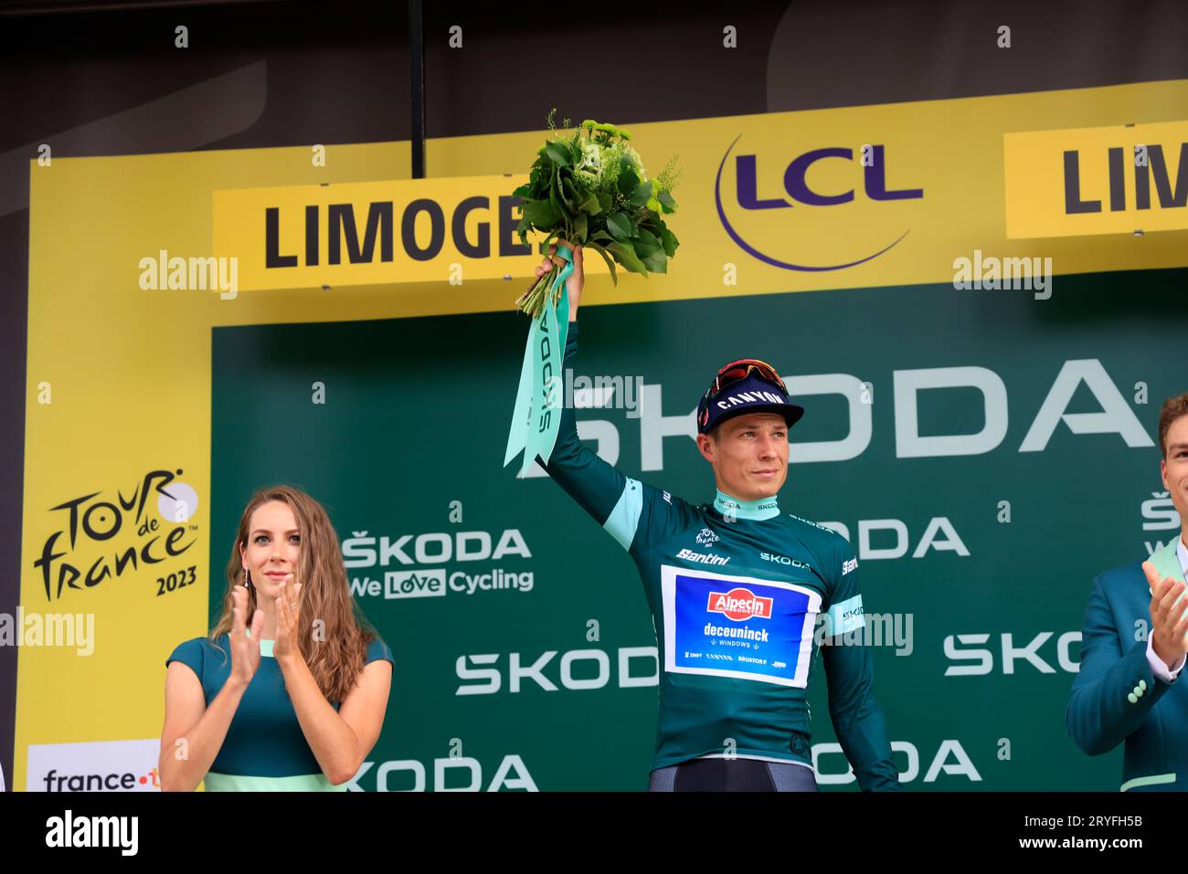 Limoges, France. July 8, 2023. Belgian cyclist Jasper Philipsen of the ...