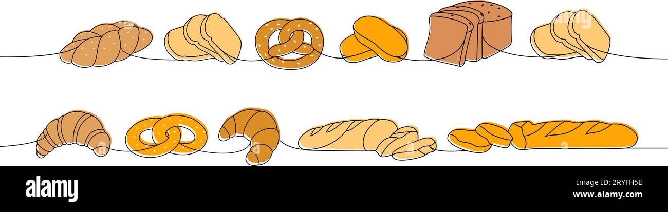 Set of bakery products one line colored continuous drawing. Whole grain ...