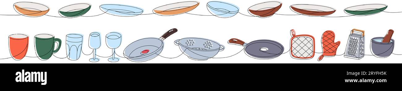Kitchen utensils one line colored continuous drawing. Ceramic plates ...