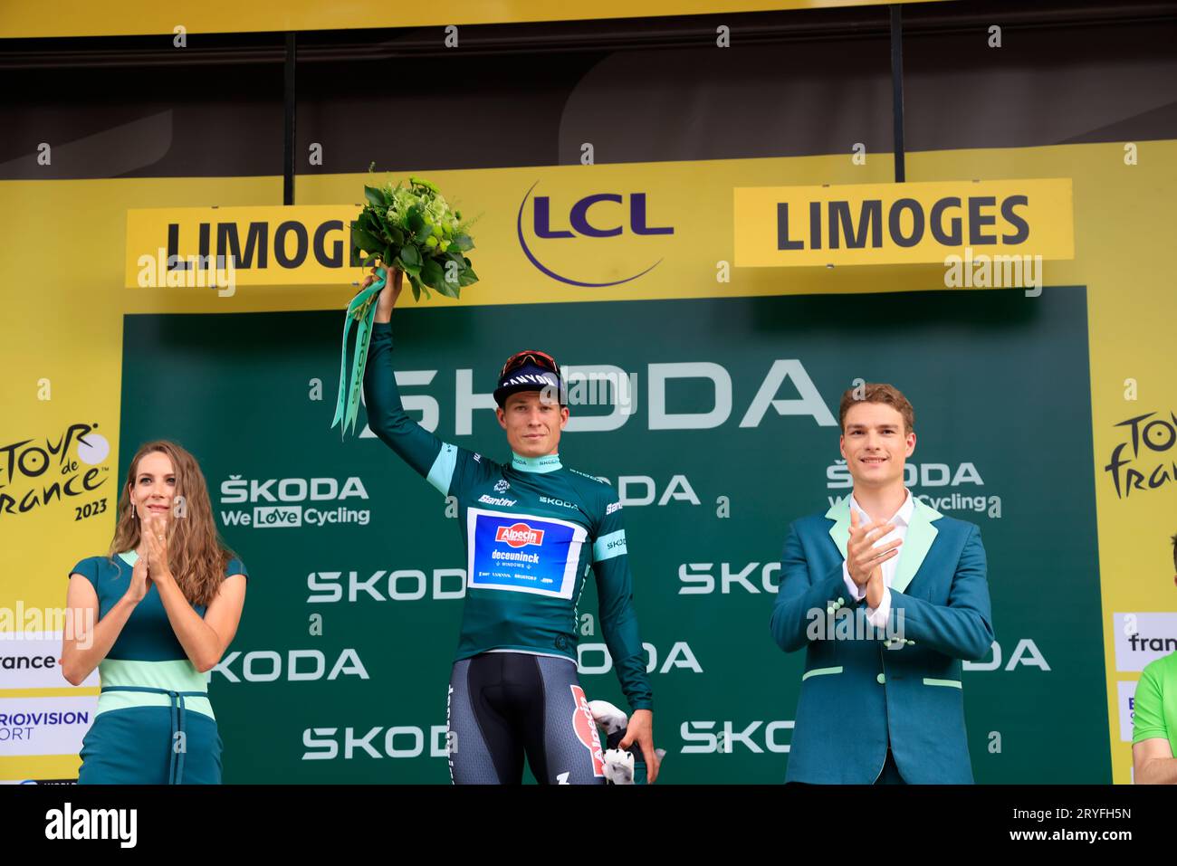 Limoges, France. July 8, 2023. Belgian cyclist Jasper Philipsen of the ...