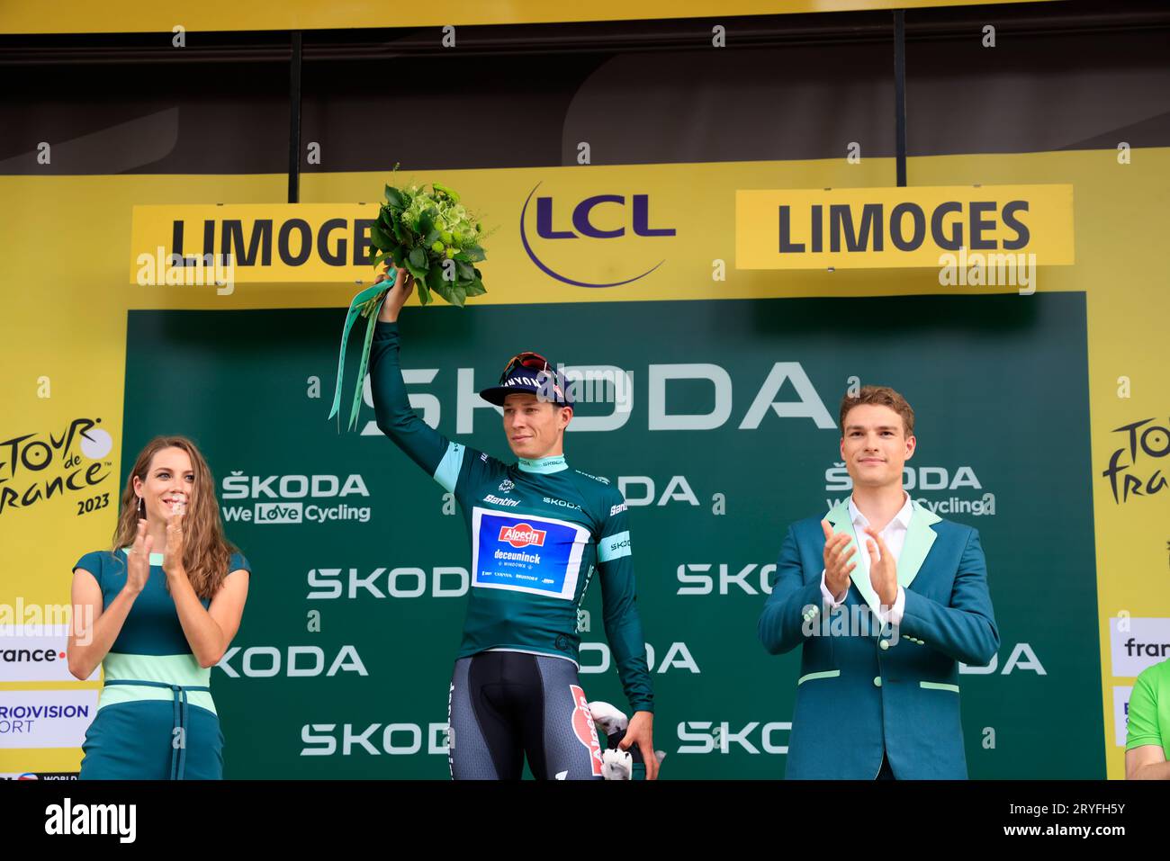 Limoges, France. July 8, 2023. Belgian cyclist Jasper Philipsen of the ...