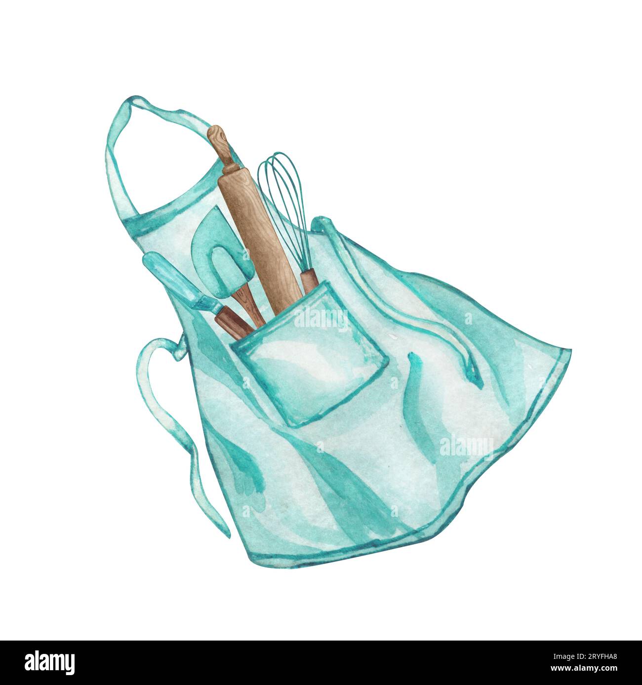 Baking watercolor illustration with kitchen utensils inside a apron on ...