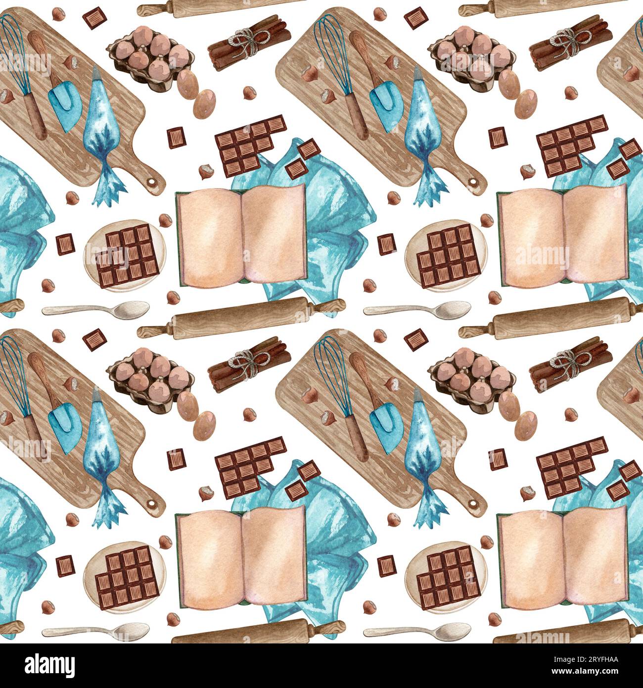 Baking watercolor seamless pattern with kitchen utensils on white ...