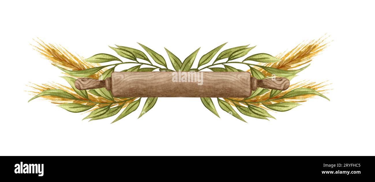 Baking watercolor illustration with rolling pin in floral arrangement ...