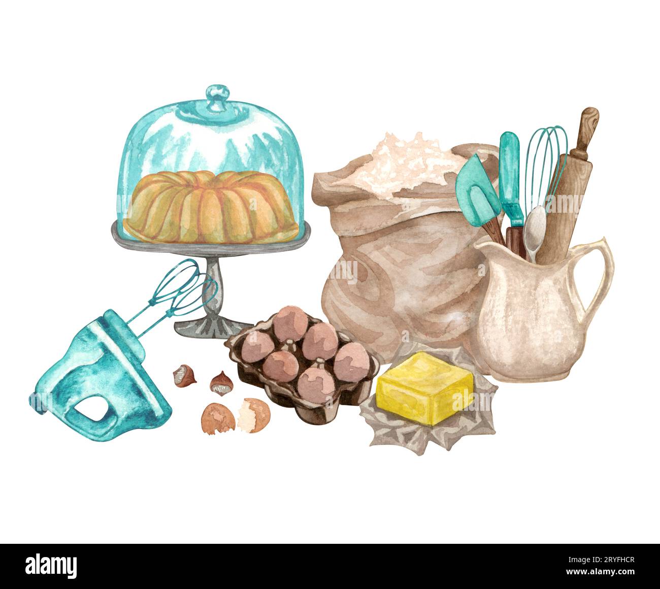 Baking watercolor set with kitchen utensils, mixer, butter, rolling pin ...