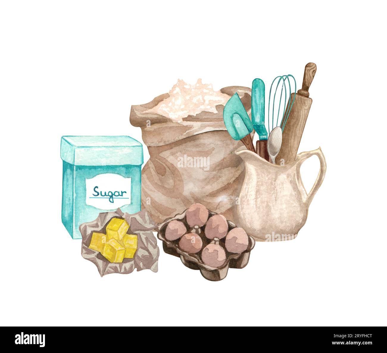 Baking watercolor illustration with kitchen utensils, butter, rolling ...