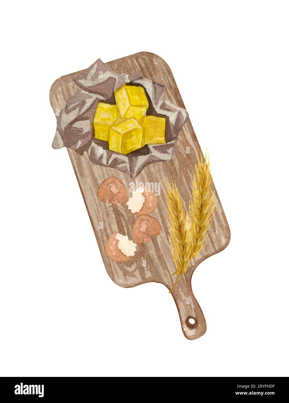 Baking watercolor illustration with kitchen utensils, shoping board ...