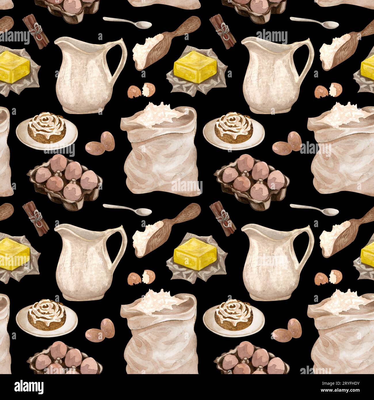 Baking watercolor seamless pattern with kitchen utensils on white ...