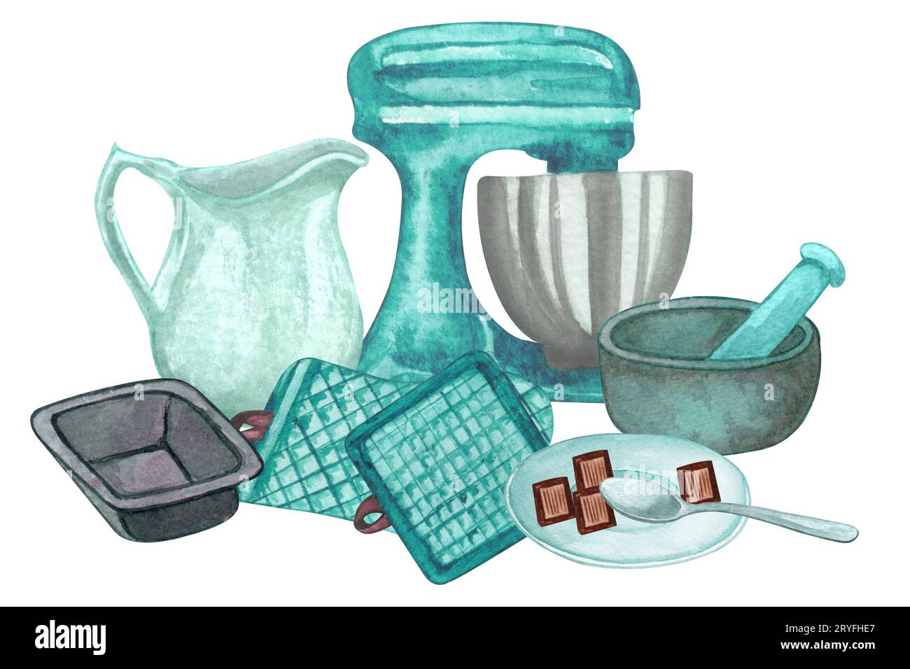 Baking watercolor set with kitchen utensils, mixer, chocolate ...