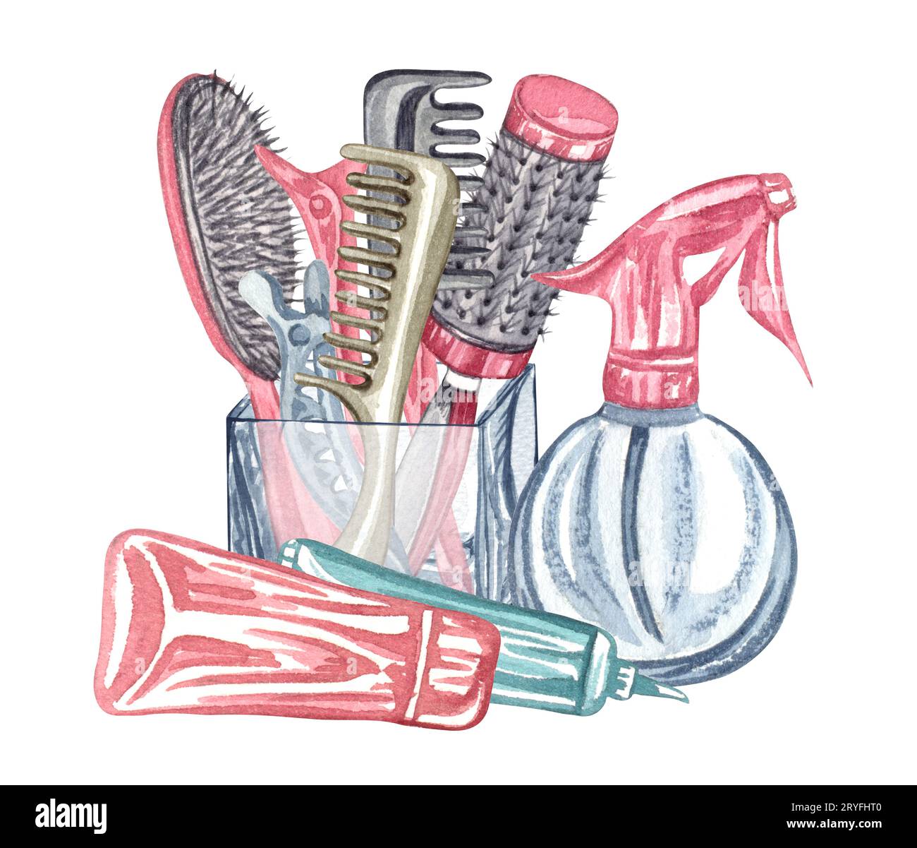 Watercolor Hairdressing illustration. Barber shop set. Hand-drawn ...