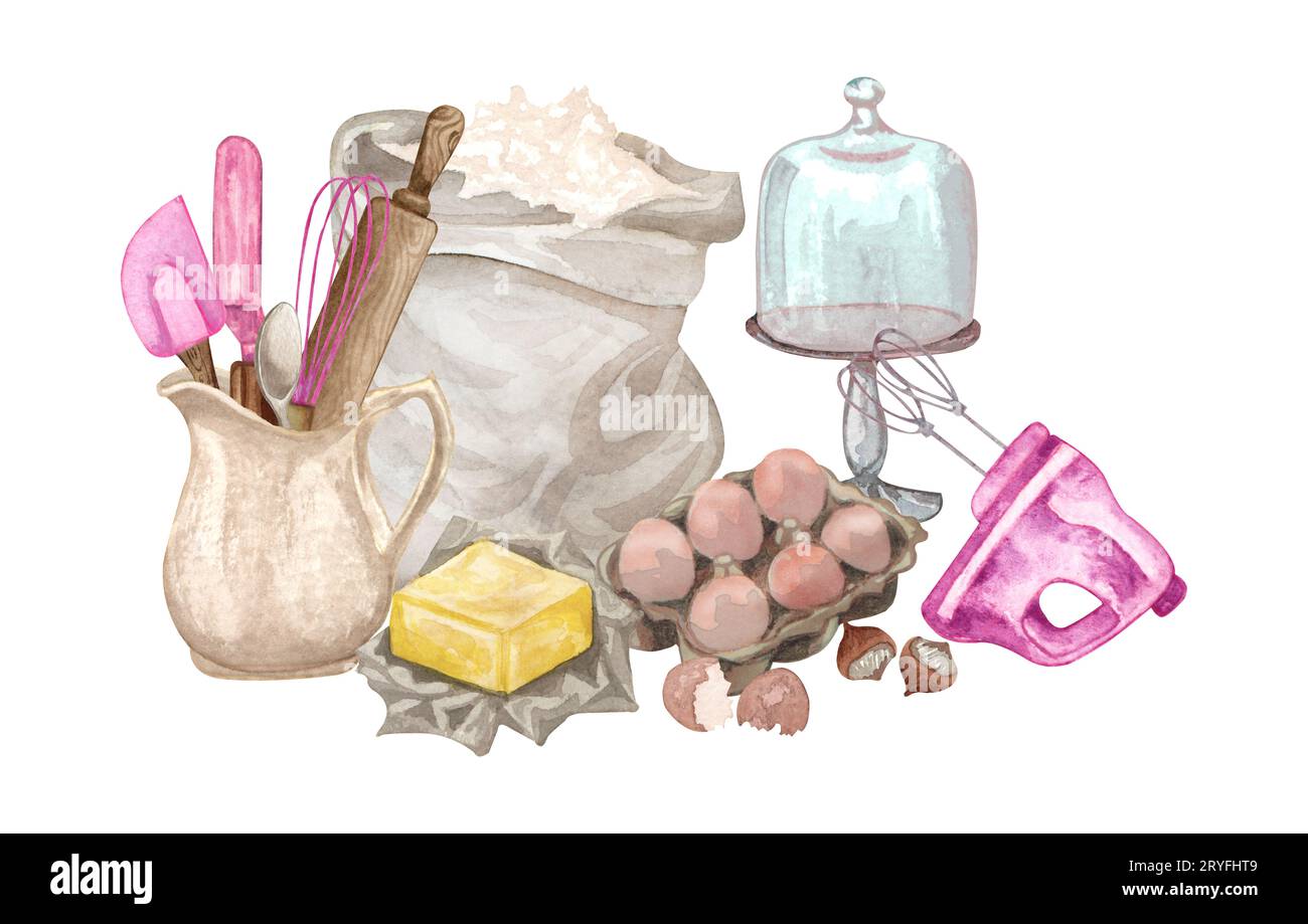 Baking watercolor set with kitchen utensils, mixer, chocolate ...