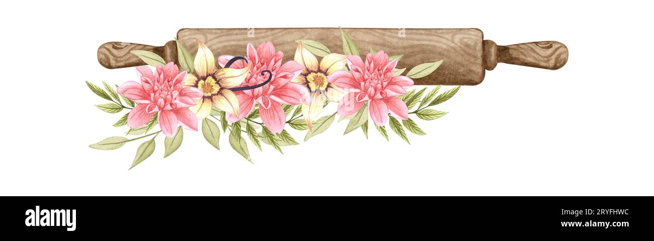 Baking watercolor illustration with rolling pin with pink flowers. Hand ...