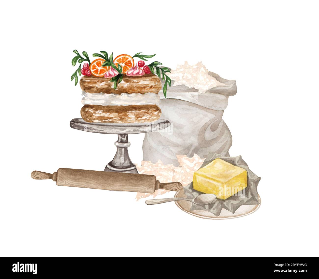 Baking watercolor set with kitchen utensils, mixer, cake, chocolate ...