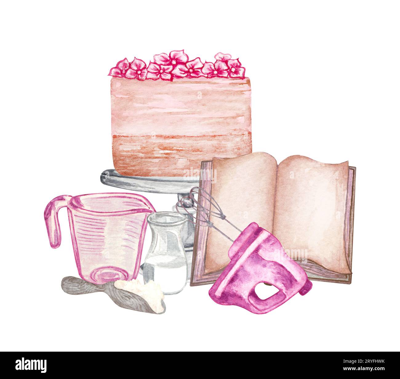 Baking watercolor set with kitchen utensils, mixer, cake, chocolate ...