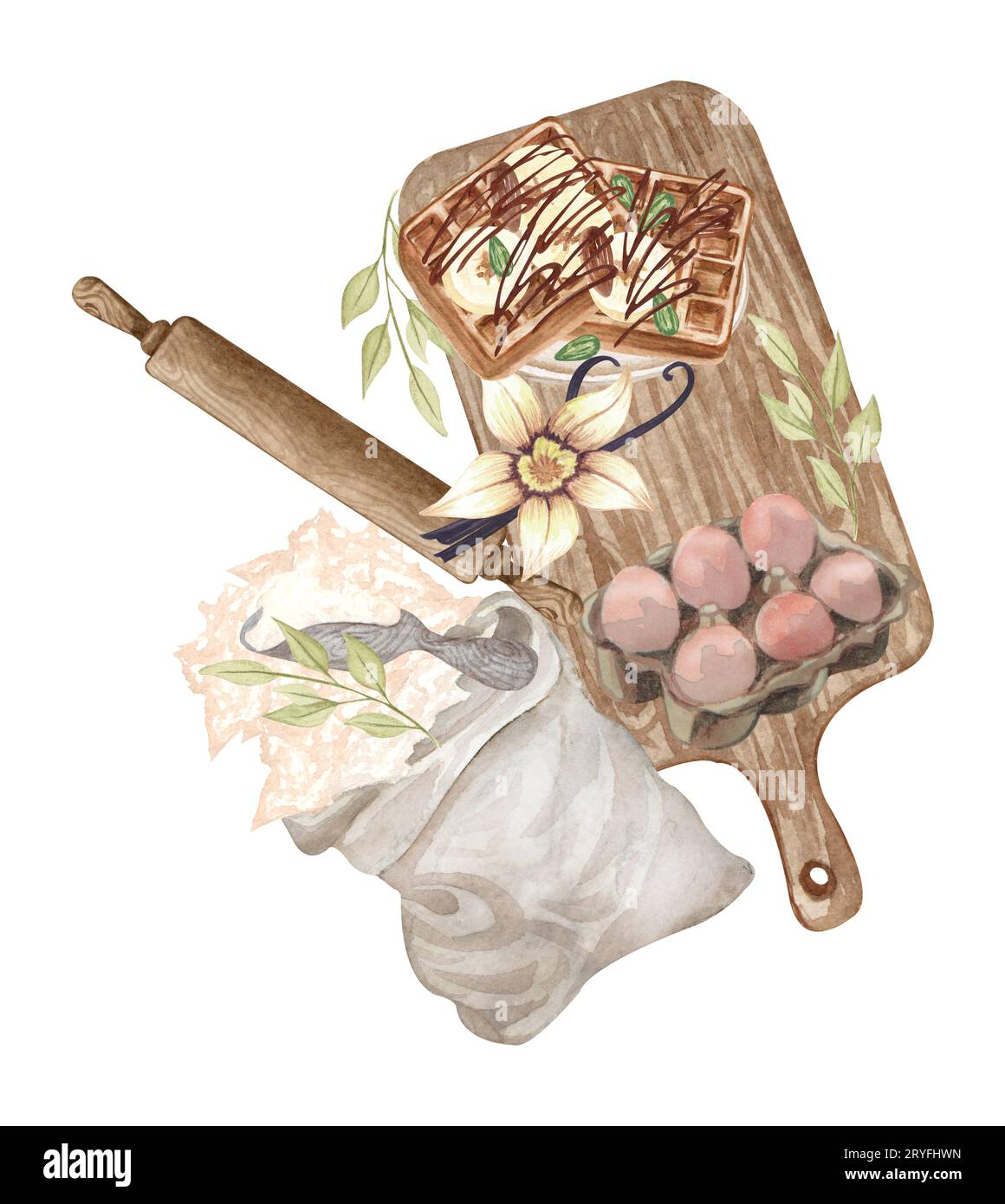 Baking watercolor set with kitchen utensils, mixer, chocolate ...
