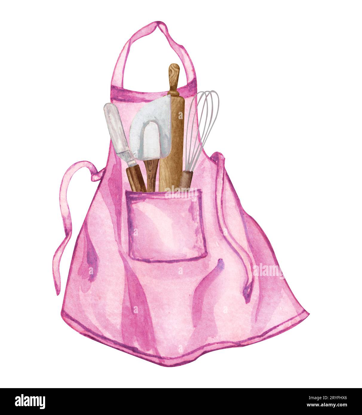 Baking watercolor illustration with kitchen utensils inside a pink ...