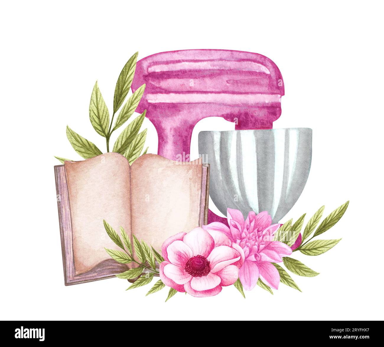 Baking watercolor set with kitchen utensils, mixer, chocolate ...