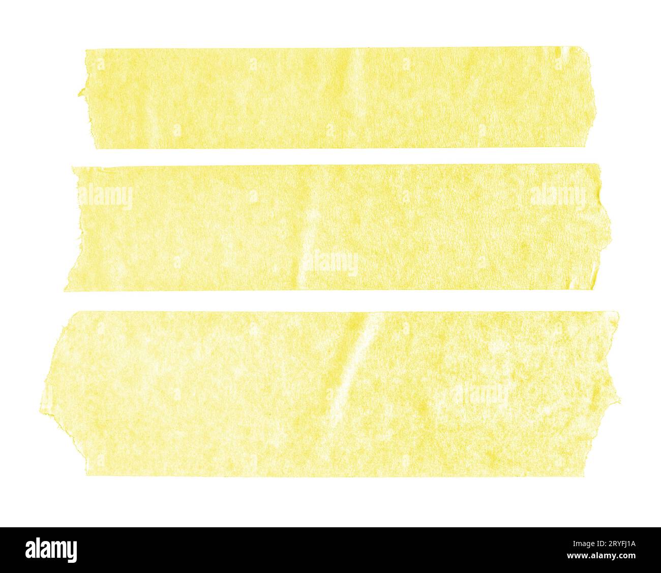 Set of three yellow blank paper tape stickers isolated on white ...