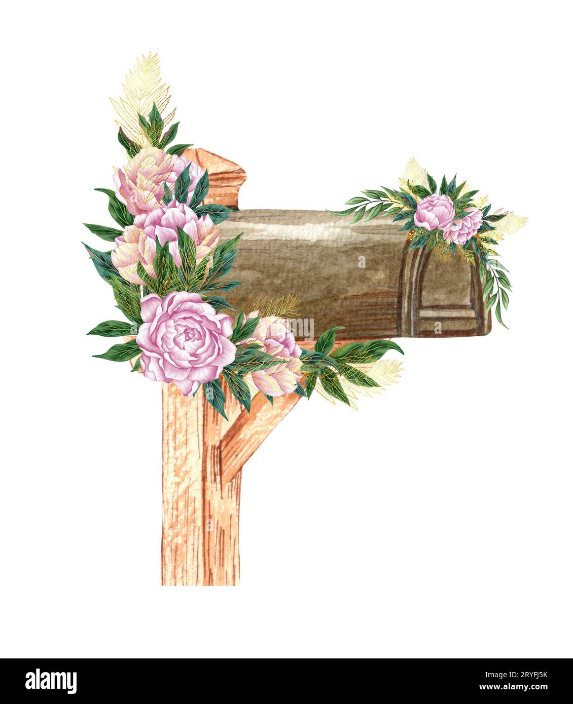 Vintage mailbox with peony flowers and leaves on a white background ...