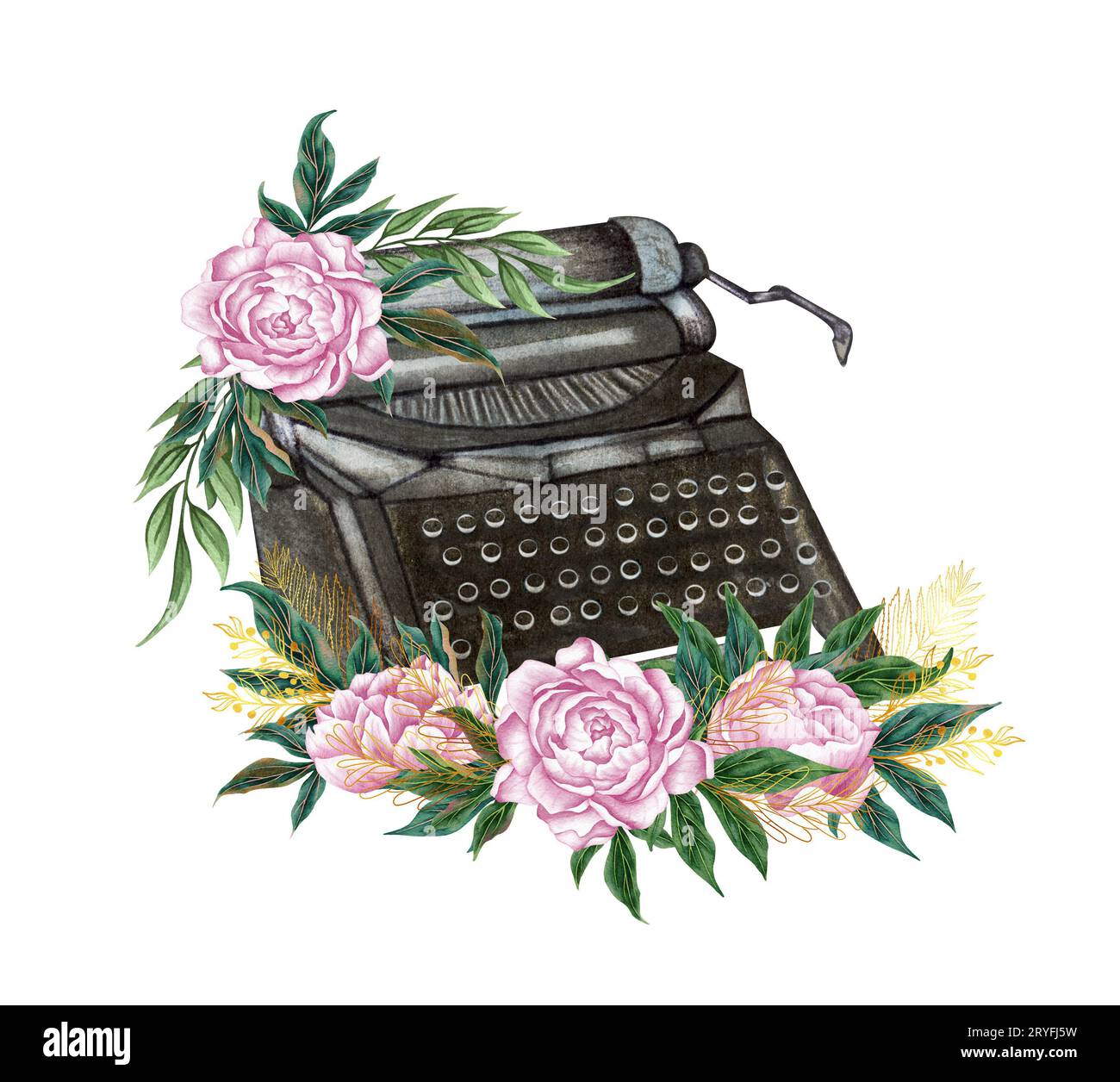 Vintage typewriter with peony flowers and leaves on a white background ...