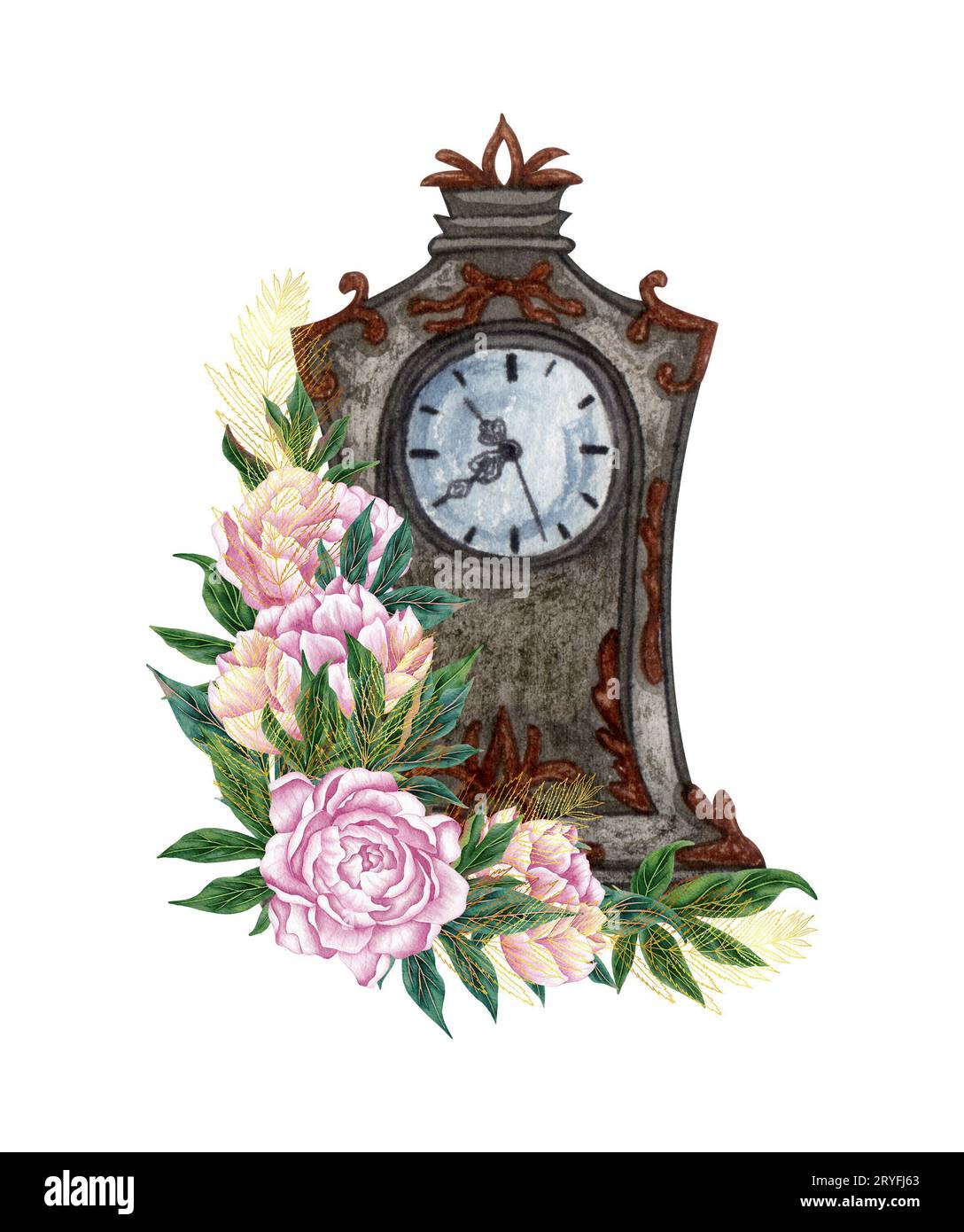 Vintage clock with peony flowers and leaves on a white background ...