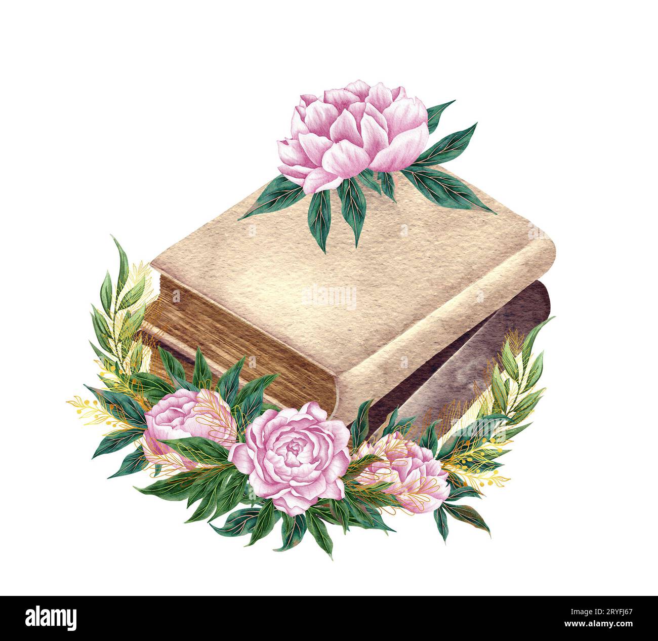 Watercolor floral and nature elements with beautiful old books ...
