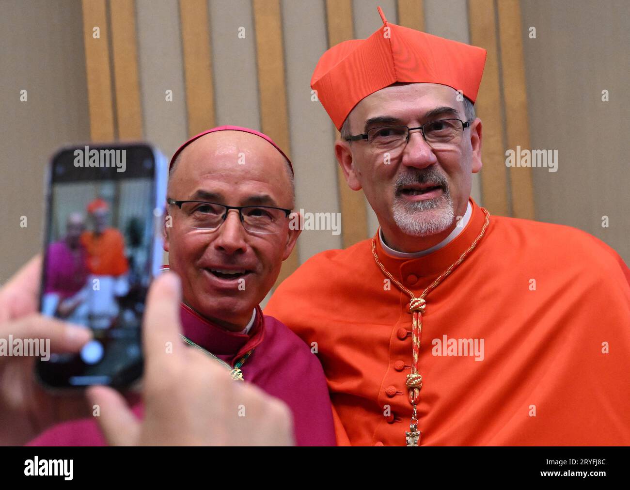 New cardinal Pierbattista Pizzaballa (Italy) poses as he meets with ...