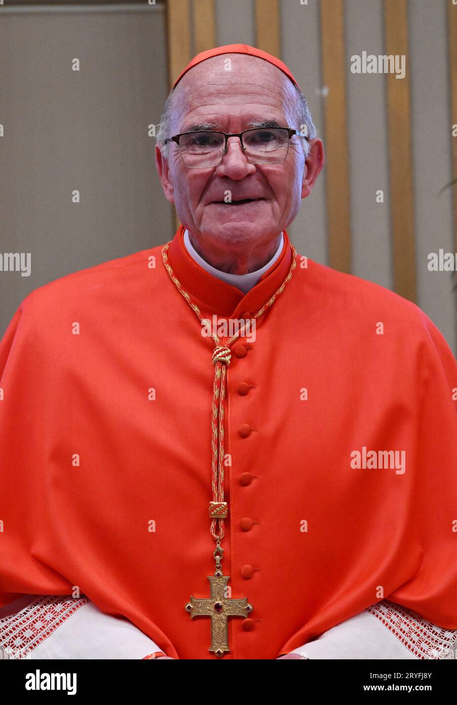 New cardinal Stephen Brislin (South Africa) poses as he meets with ...