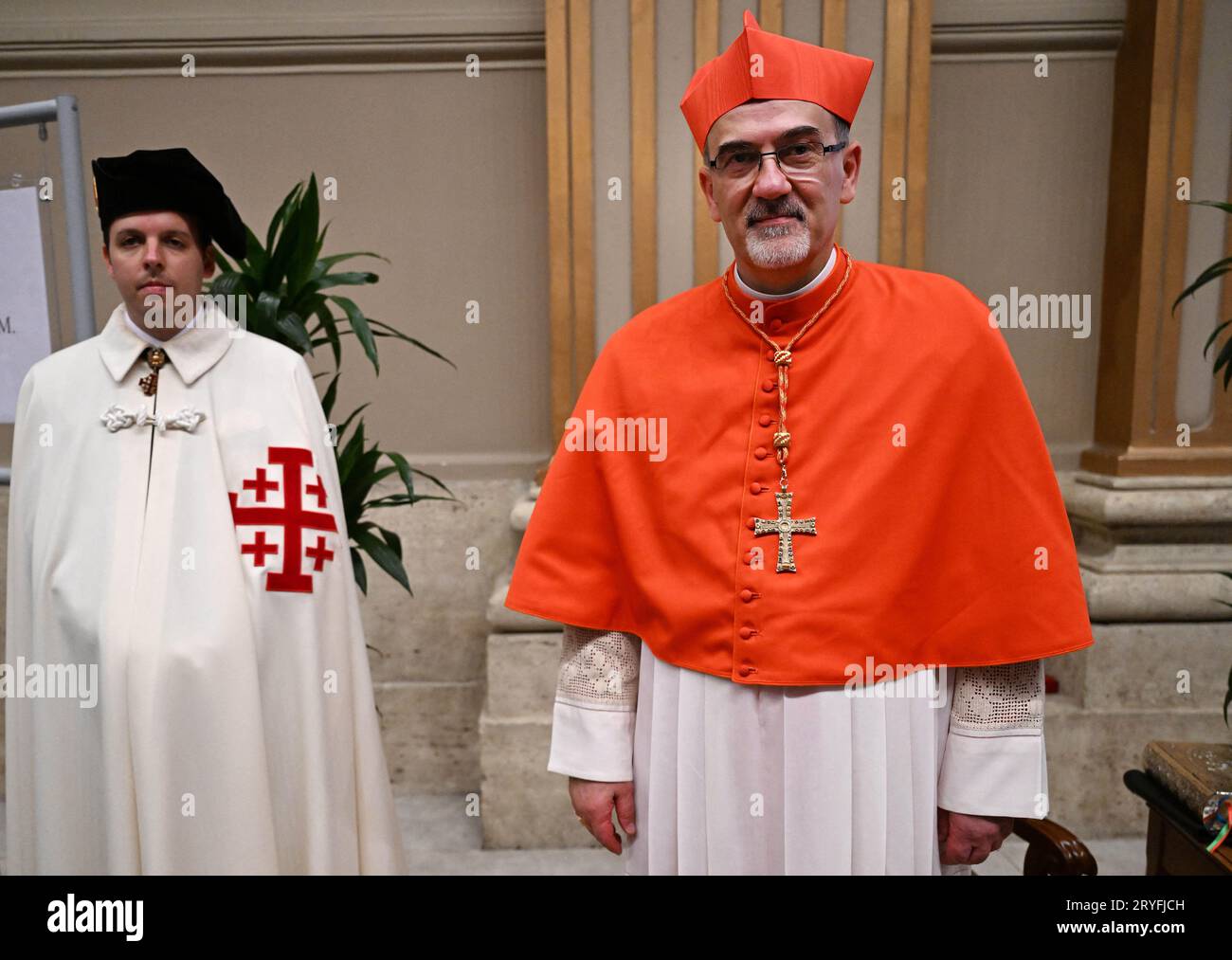 New cardinal Pierbattista Pizzaballa (Italy) poses as he meets with ...