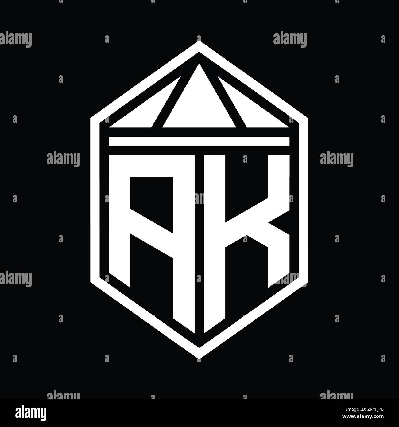 AK Letter Logo monogram simple hexagon shield shape with triangle crown ...